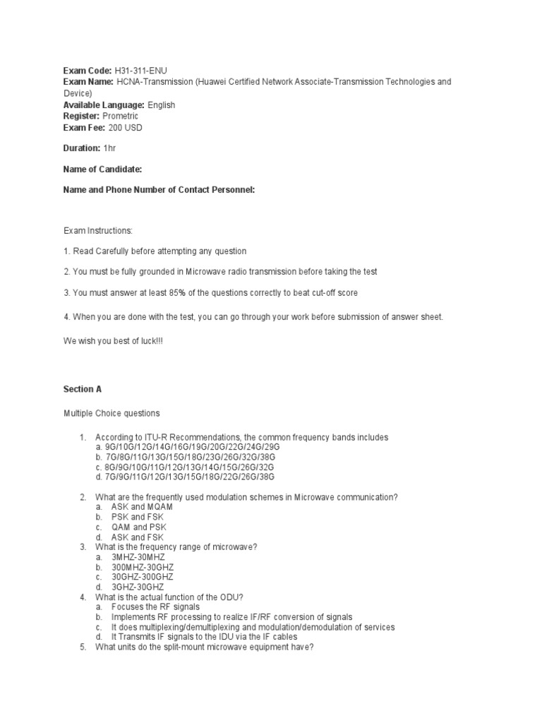 HCNA-Transmission Exam Overview | PDF | Antenna (Radio) | Radio