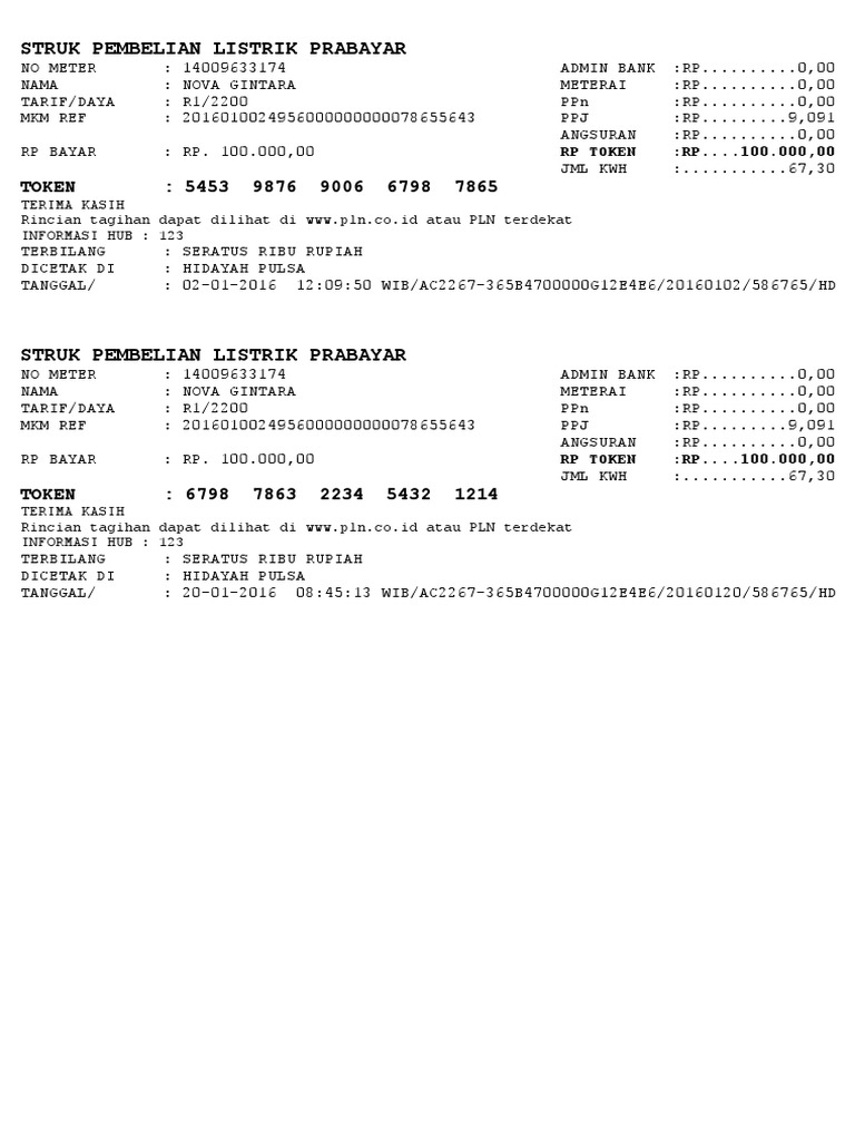 Struk Pembelian Listrik Prabayar | PDF
