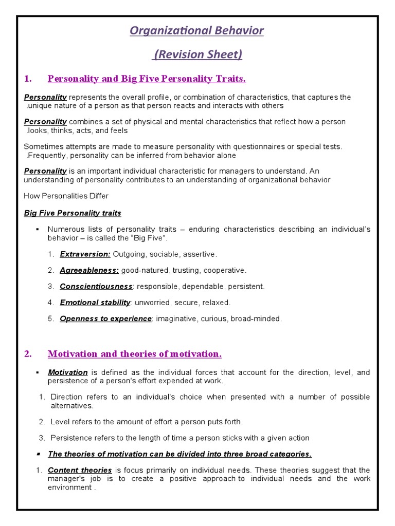 Organizational Behavior Revision Sheet | PDF | Performance Appraisal ...