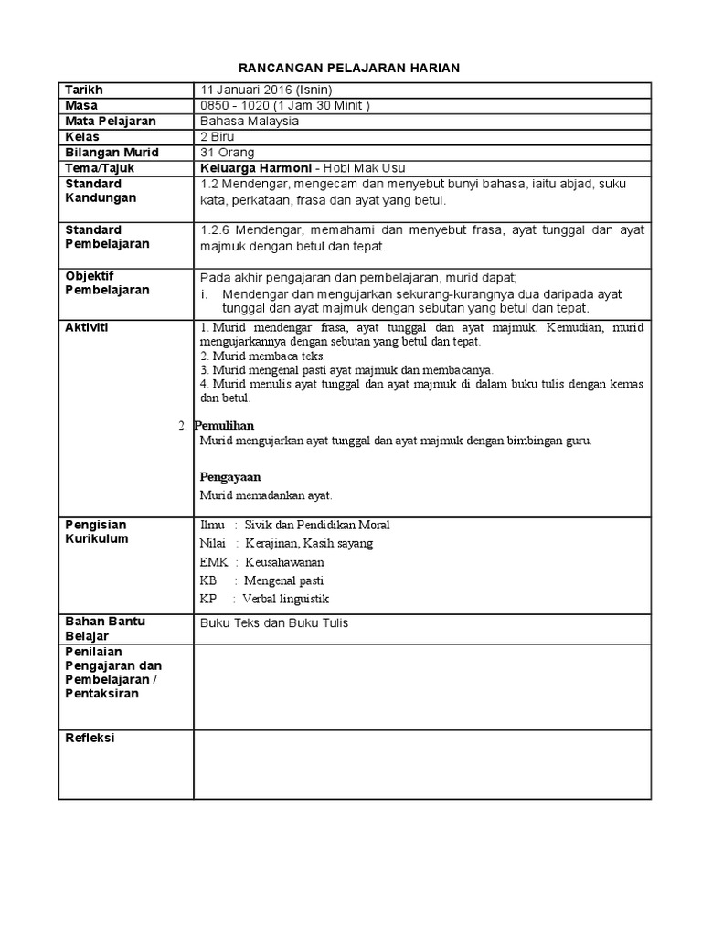 RPH BM Tahun 2 - 1 | PDF