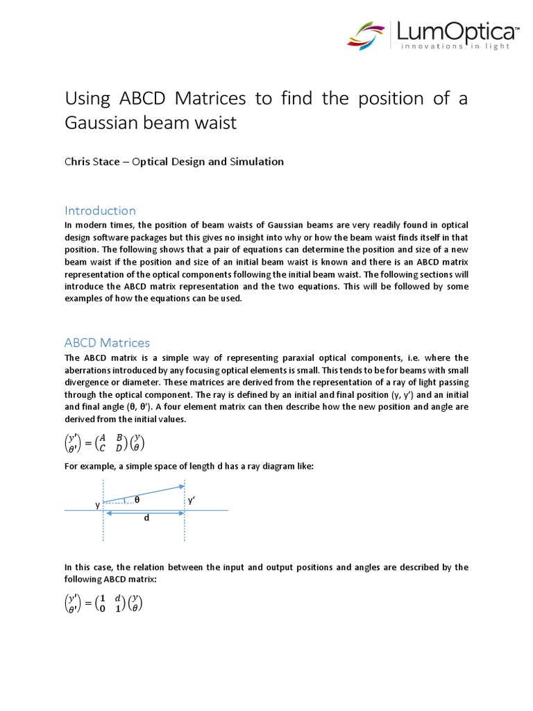 ABCD Matrix and Gaussian Beam Waist | PDF | Lens (Optics) | Matrix ...