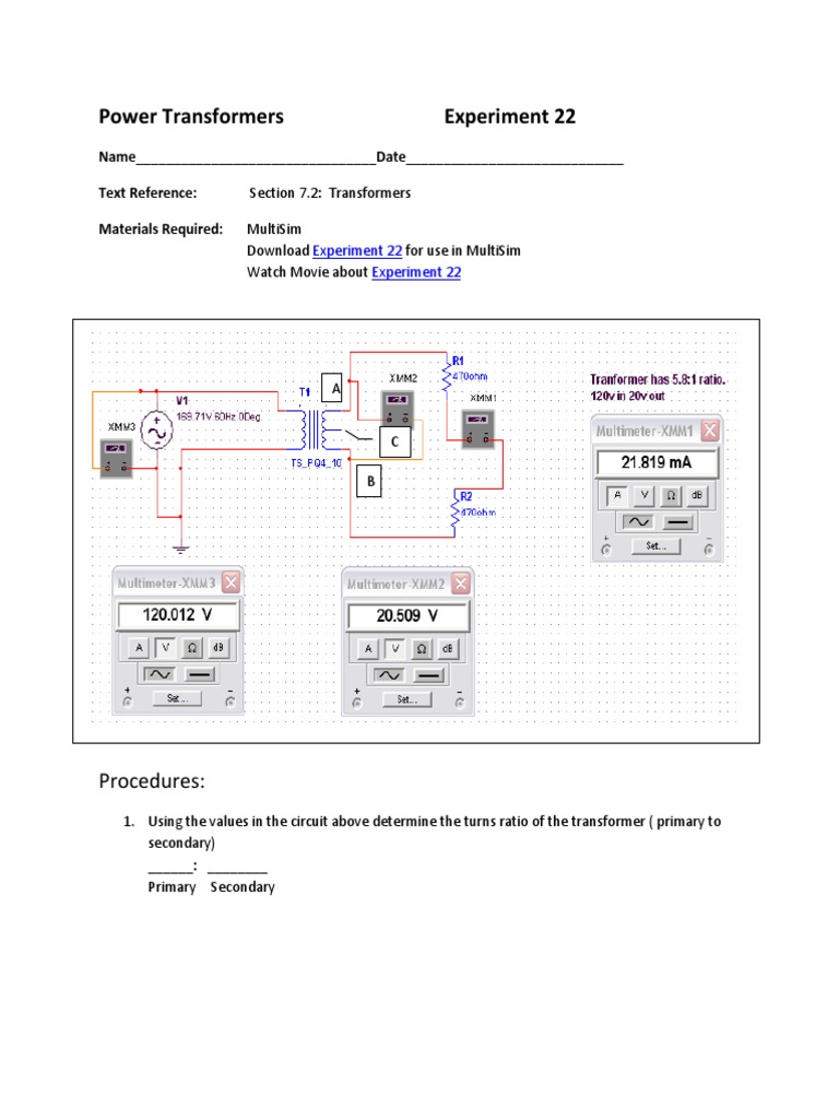 Power Transformers Experiment 22: Procedures | PDF