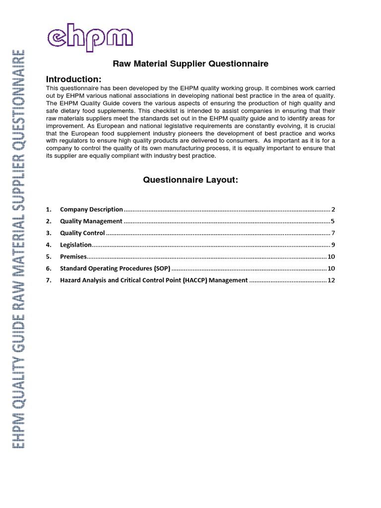Raw Material Supplier Audit Checklist | PDF | Hazard Analysis And ...