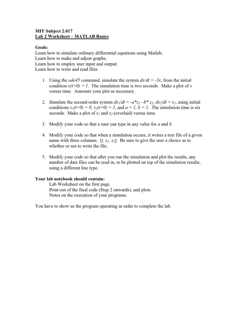 MIT Subject 2.017 Lab 2 Worksheet - MATLAB Basics Goals | PDF