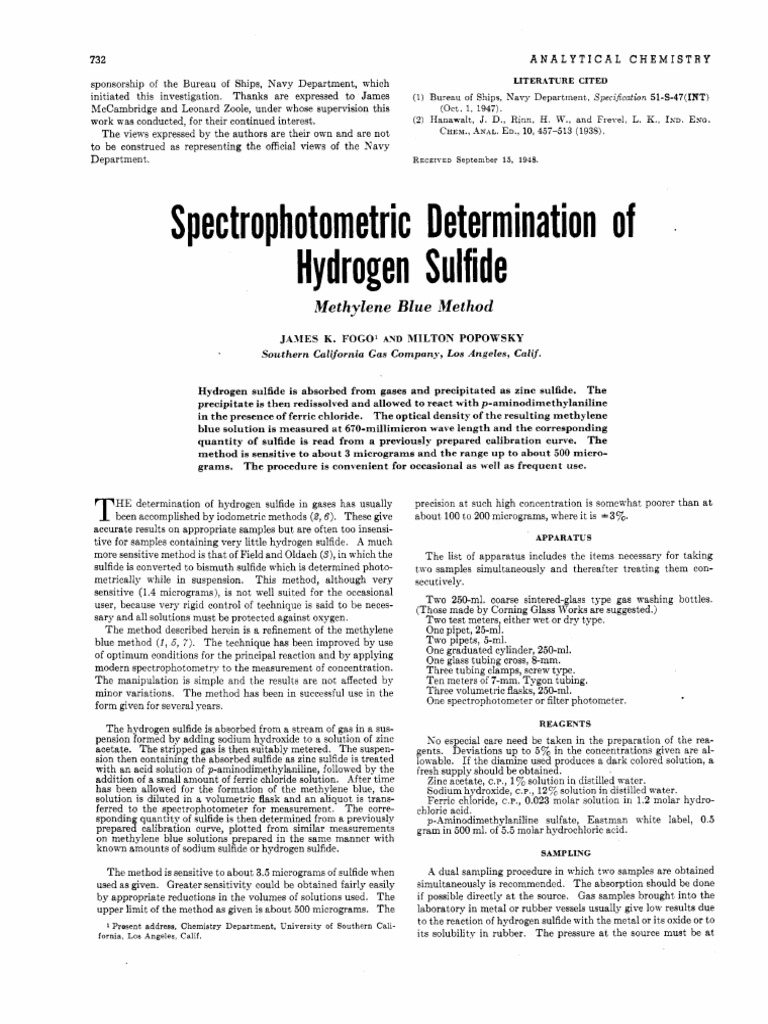 Spectrophotometric Determination Of Hydrogen Sulfide A Simple Sensitive Method Using Methylene