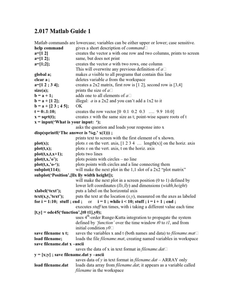 2.017 Matlab Guide 1: A From The Workspace | PDF | Cartesian Coordinate ... 2.017 Matlab Guide 1: A From The Workspace | PDF | Cartesian Coordinate ...