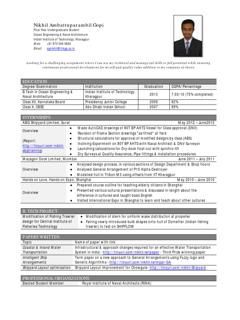 A G Nikhil - Resume | Naval Architecture | Internship