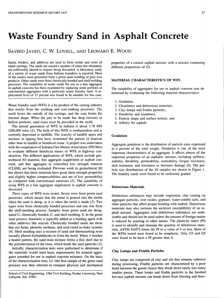 Waste Foundry Sand in Asphalt Concrete: Sayeed Javed, W. Lovell, and ...