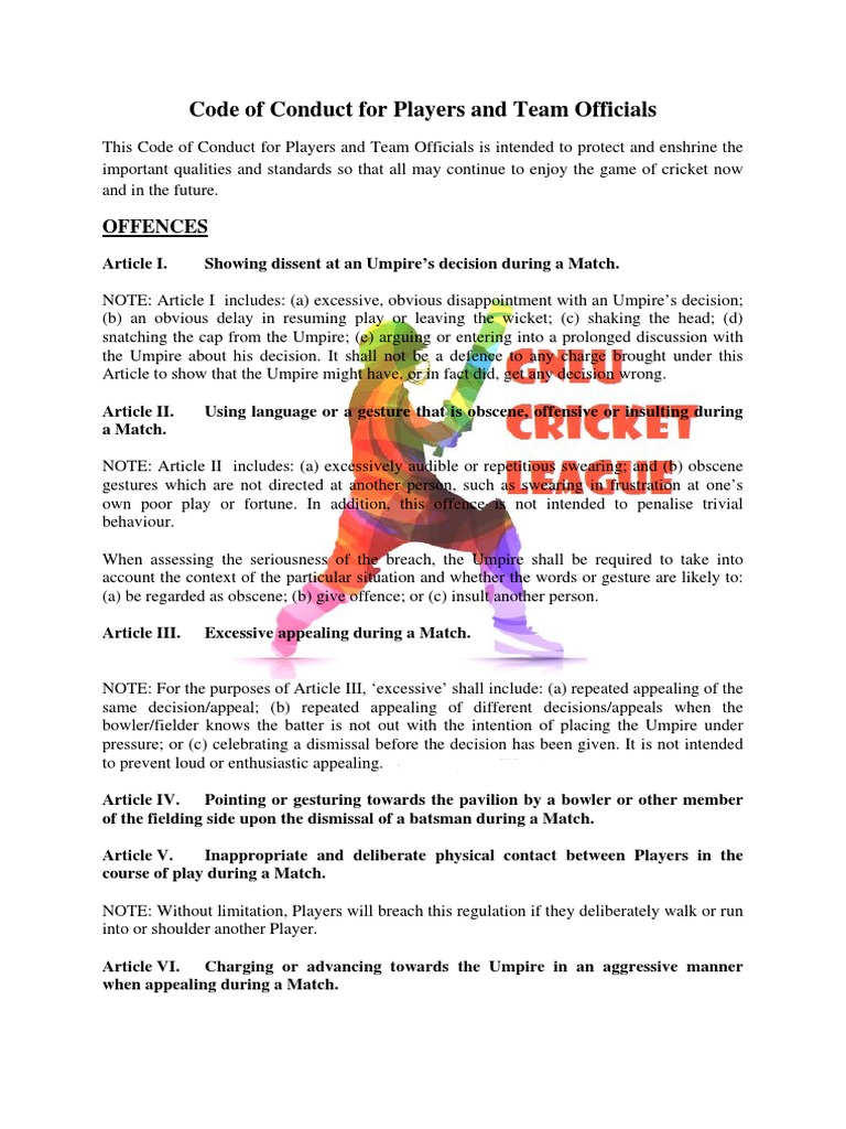 Cricket Code of Conduct for Players | PDF | Bowling (Cricket ...