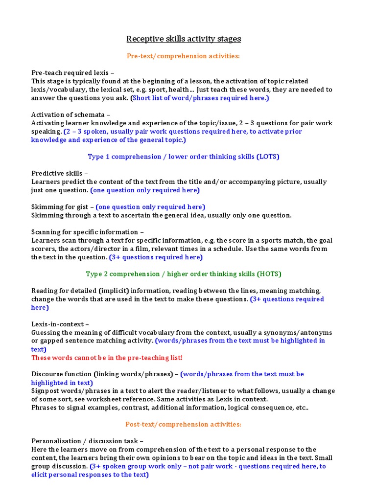 Receptive Skills Activity Stages | PDF | Reading Comprehension ...