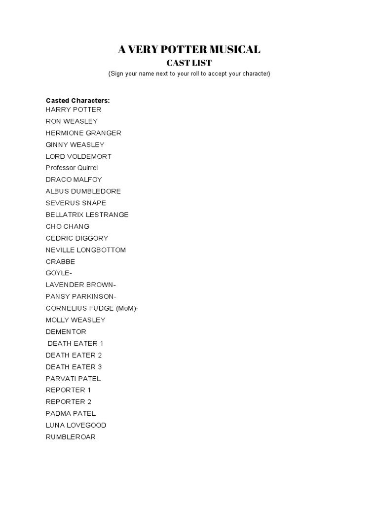 A Very Potter Musical: Cast List | PDF