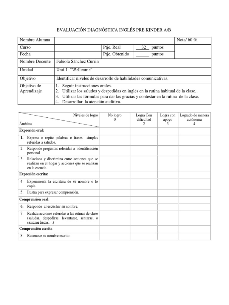 Examen Diagnóstico Inglés Preescolar | PDF | Estudios de idiomas ...