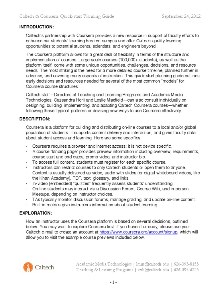Caltech Coursera Planning Guide | PDF | Lecture | Educational Technology