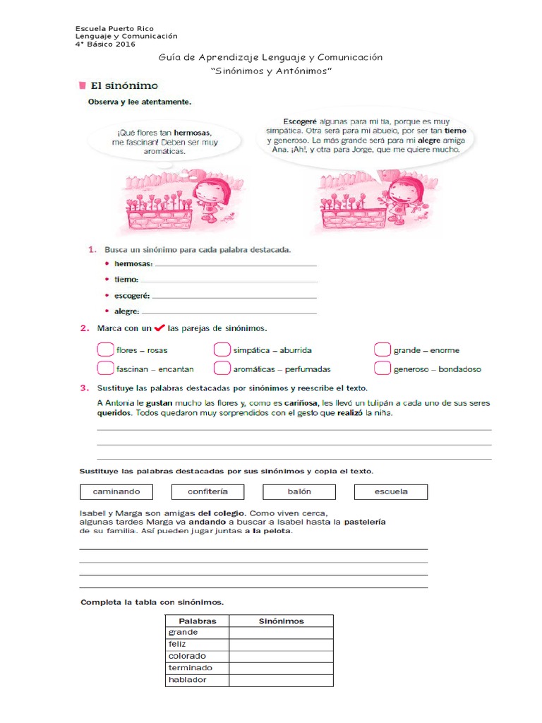 Guía de Sinónimos y Antónimos 4° Básico | PDF | Artes del Lenguaje y ...