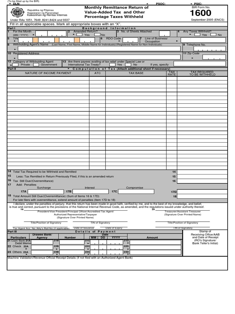FORM 1600 | Withholding Tax | Value Added Tax