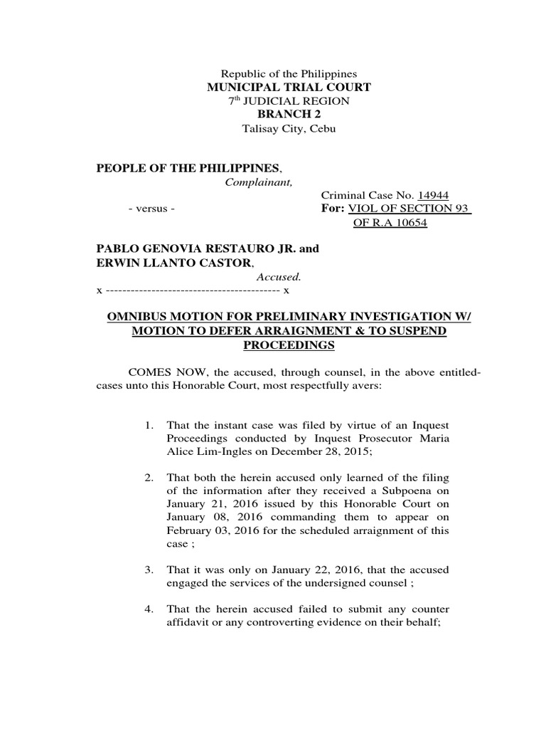 Motion For Preliminary Investigation | PDF | Arraignment | Prosecutor