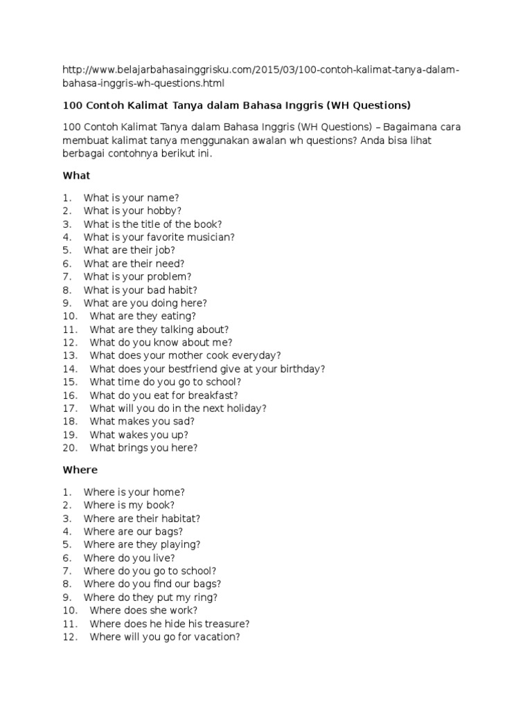 100 Contoh Kalimat Tanya Dalam Bahasa Inggris (WH Questions) | PDF