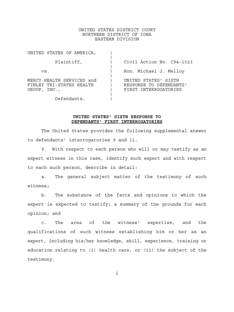 United States' Sixth Response To Defendants' First Interrogatories ...