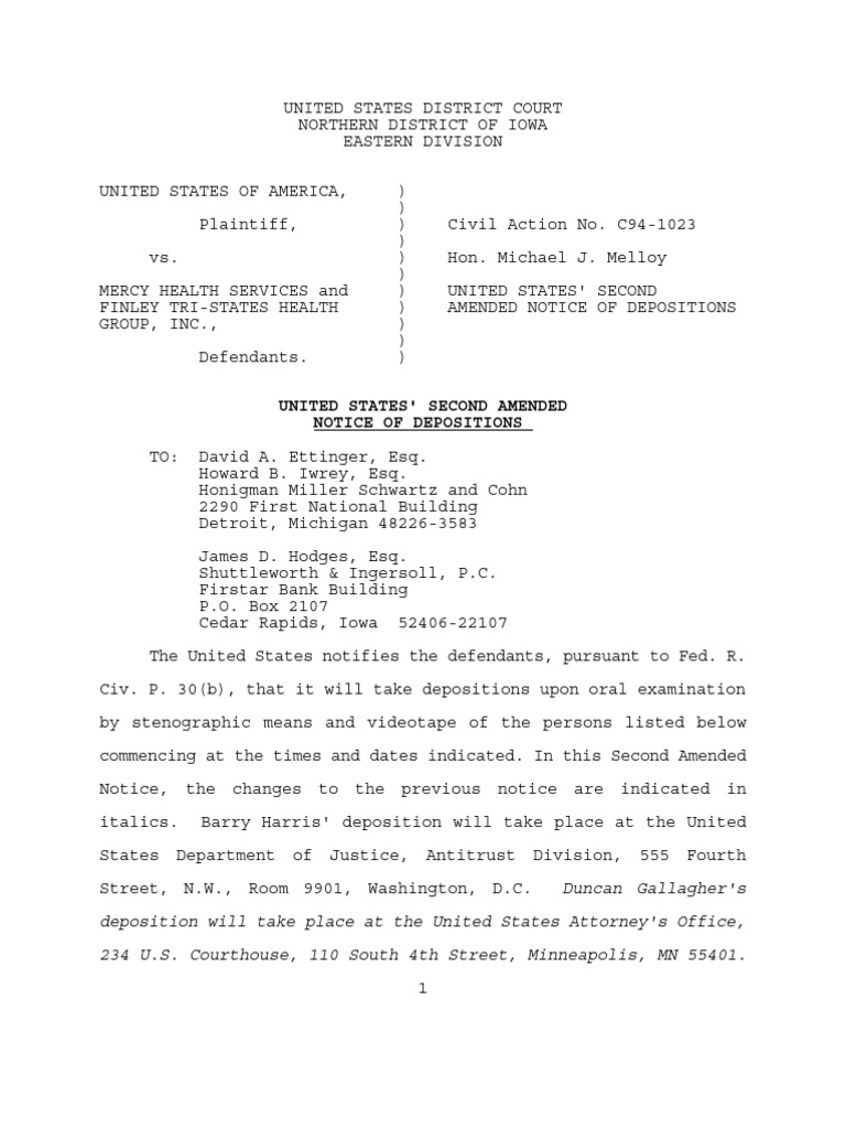 United States' Second Amended Notice of Depositions | PDF | Deposition ...