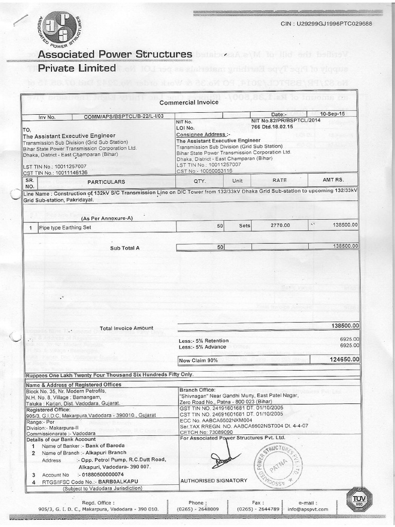 Commercial Invoice for Power Transmission Projects | PDF