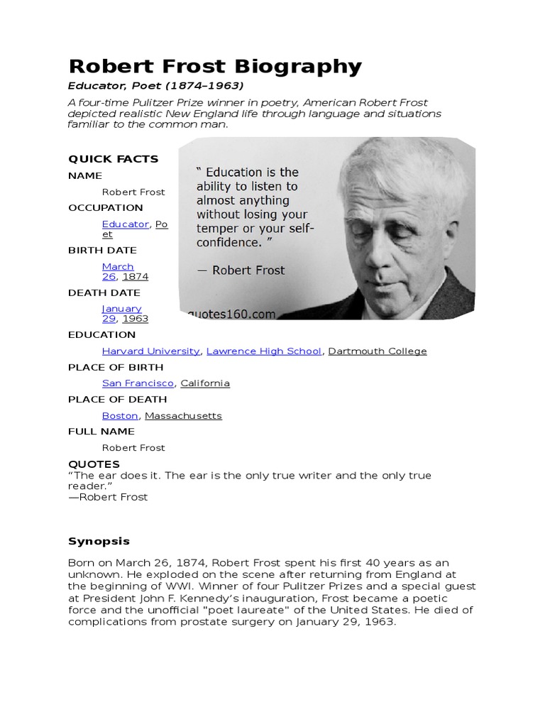 Robert Frost Biography: Quick Facts | Download Free PDF | Poetry
