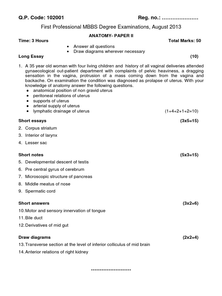 Anatomy Exam Questions for MBBS 2013 | PDF