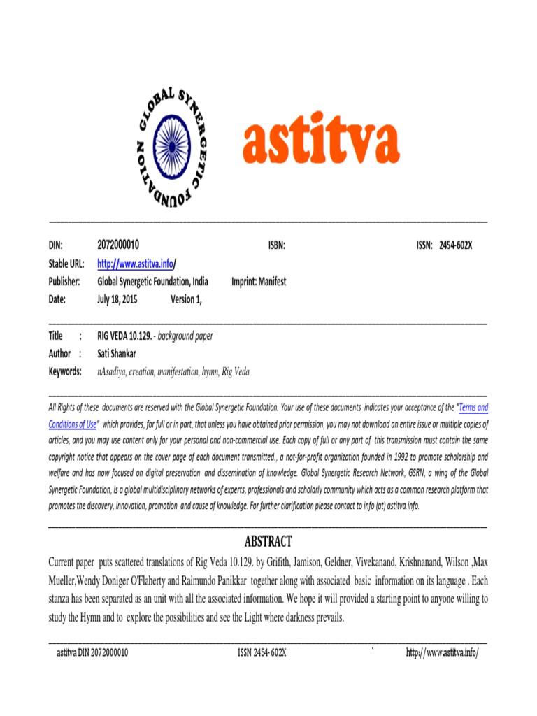 Astitva RIG VEDA 10.129. - Background Paper by Sati Shankar | PDF ...