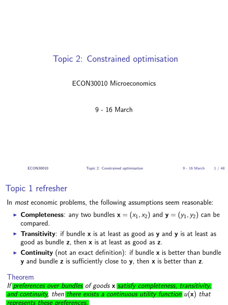 Topic 2: Constrained Optimisation: ECON30010 Microeconomics | PDF | Mathematical Optimization ...