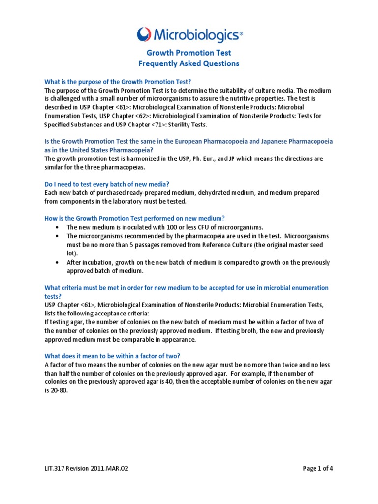 Growth Promotion Test FAQ 02 Mar 2011 | PDF | Growth Medium | Microbiology