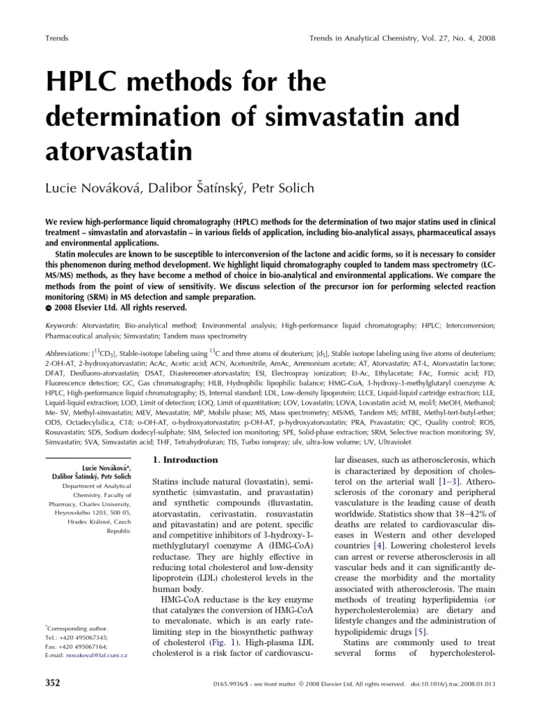 HPLC Methods For The Determination of Simvastatin and Atorvastatin | PDF | Mass Spectrometry ...