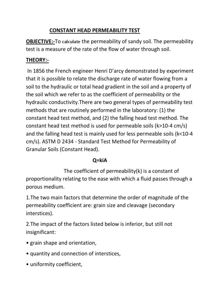 Constant Head Permeability Test | PDF | Soil Mechanics | Soil