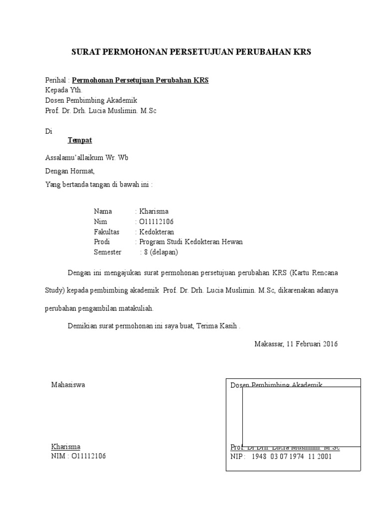Contoh Surat Permohonan Persetujuan Perubahan Krs | PDF
