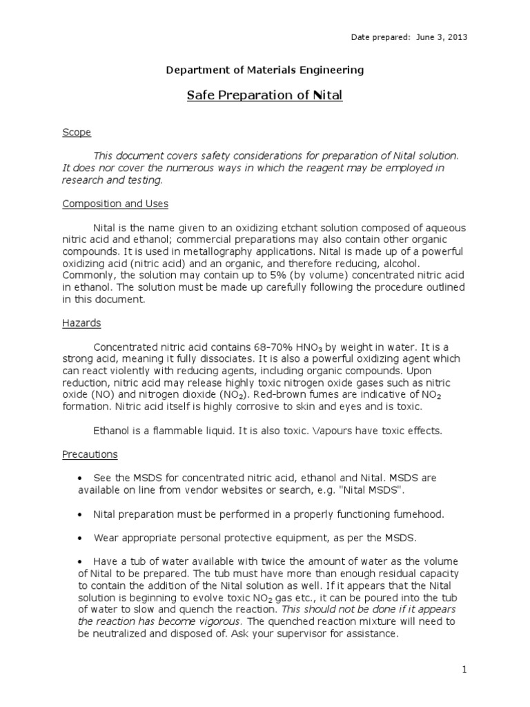 Nital Preparation PDF | PDF | Nitric Acid | Acid