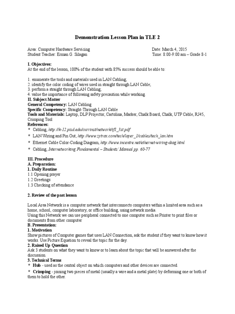 TLE Lesson Plan on Straight-Through LAN Cabling | PDF | Local Area Network | Lesson Plan
