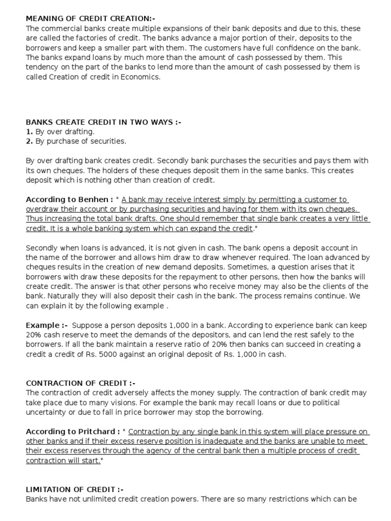 Explaining the Process of Credit Creation by Commercial Banks | PDF ...