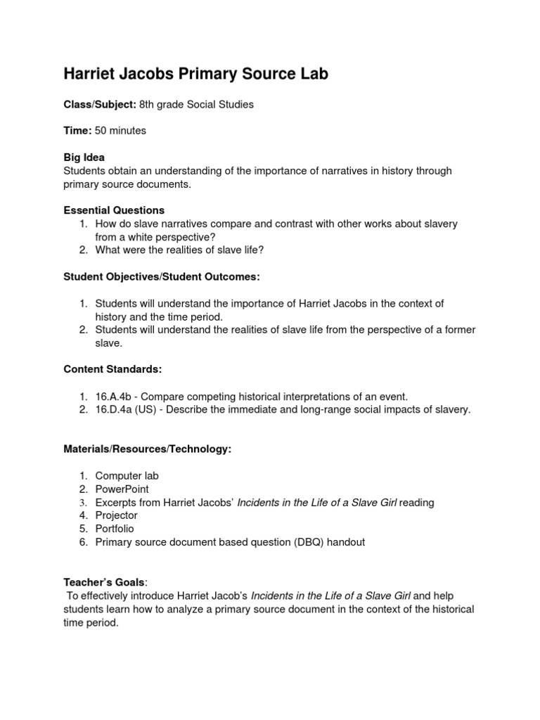 Wood - Harriet Jacobs Lab Lesson Plan | PDF | Lecture | Educational ...