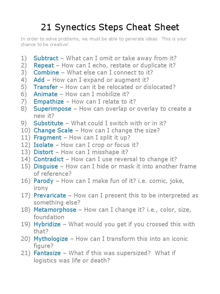 21 Synectics Steps Cheat Sheet | PDF