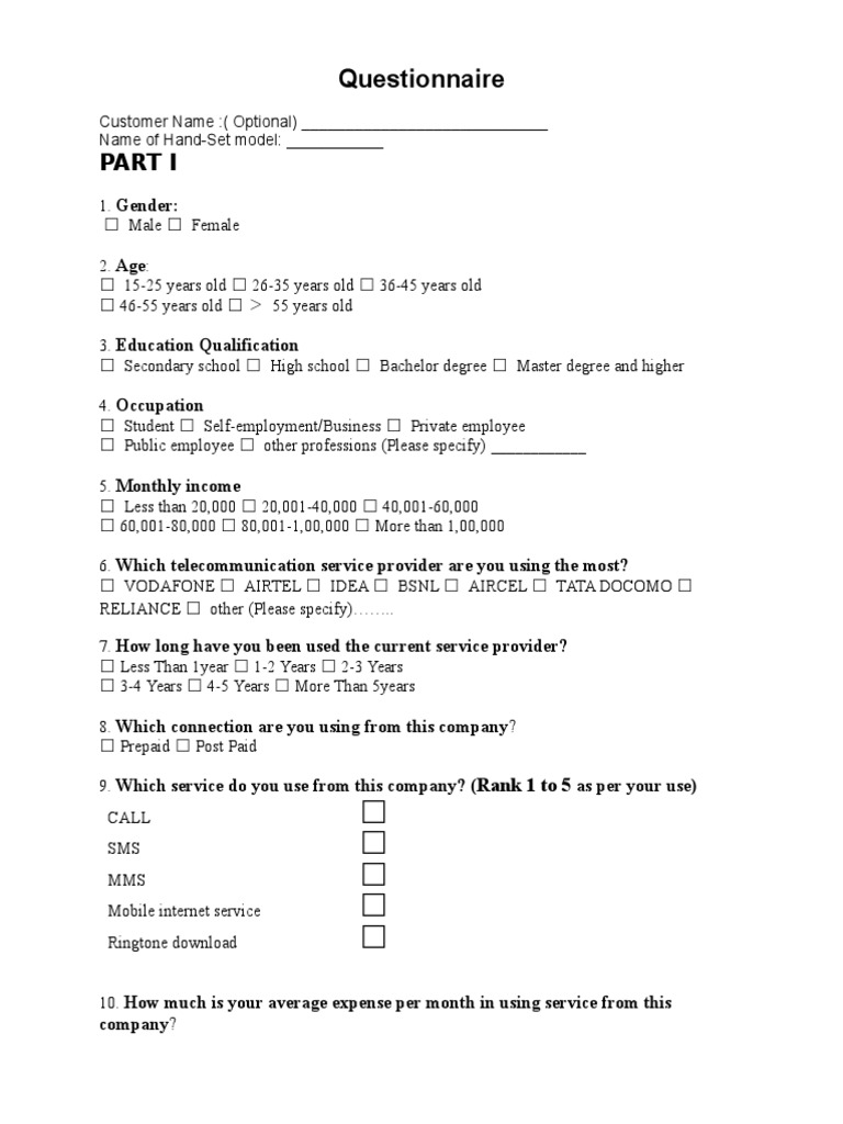 Questionnaire | PDF | Telecommunication | Mobile Phones