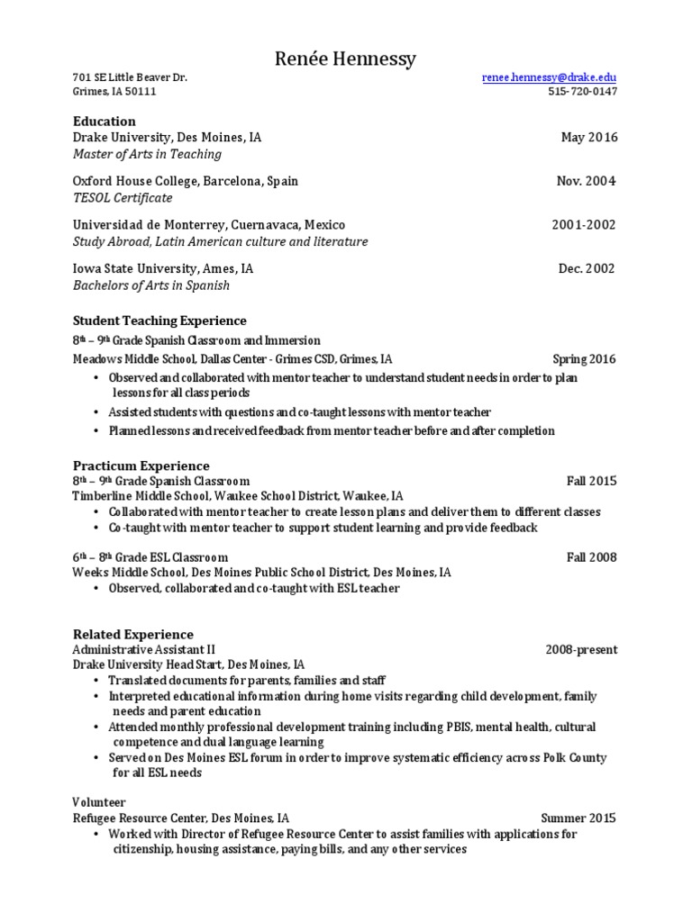 Renee Hennessy - Resume 2016 | PDF | Iowa | English As A Second Or ...