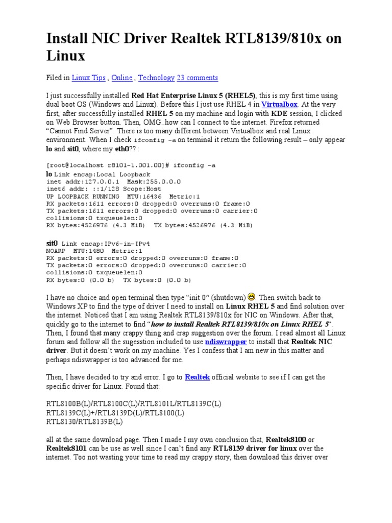 Install NIC Driver Realtek RTL8139 | PDF | Network Interface Controller ...