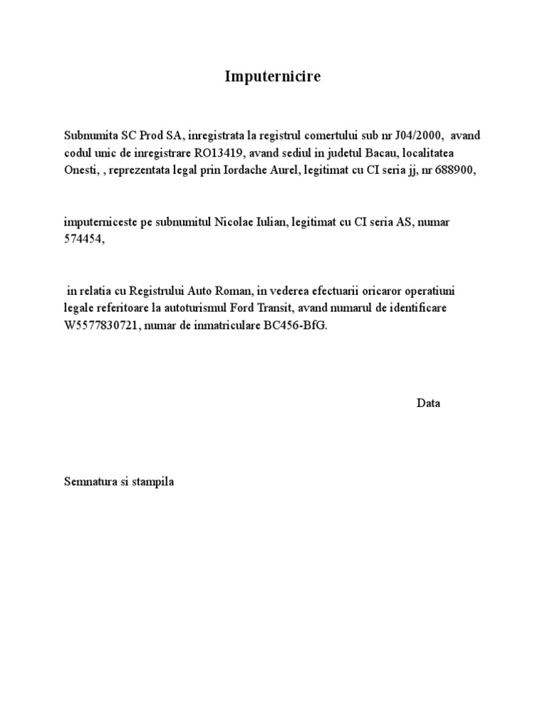 Model Imputernicire Auto Rar | PDF