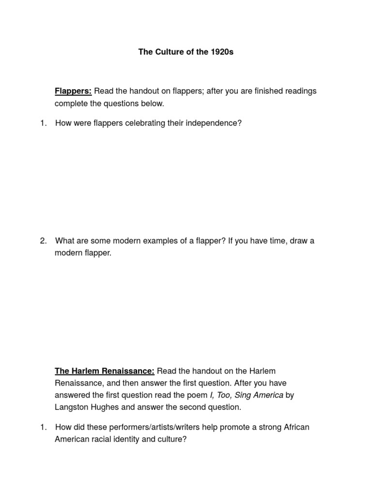 The Culture of The 1920s Worksheet | PDF | Harlem Renaissance | Jazz