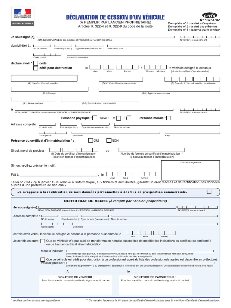 DJcrBD9NTl8 Formulaire - de 769 Claration de Cession 13754-02 | PDF | Véhicules | Transport