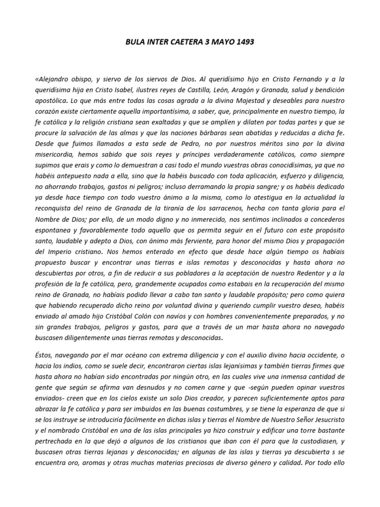 Bula Inter Caetera: Concesión de Tierras 1493 | PDF | Fe | Iglesia Católica