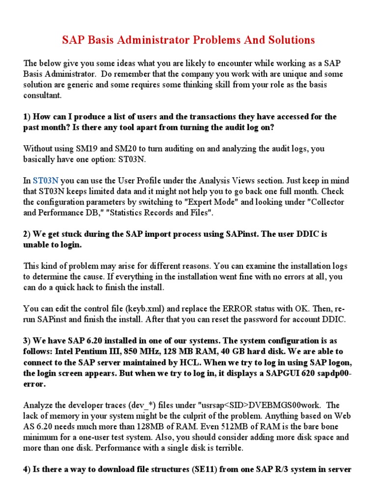 SAP Basis Administrator Problems and Solutions | PDF | Information ...