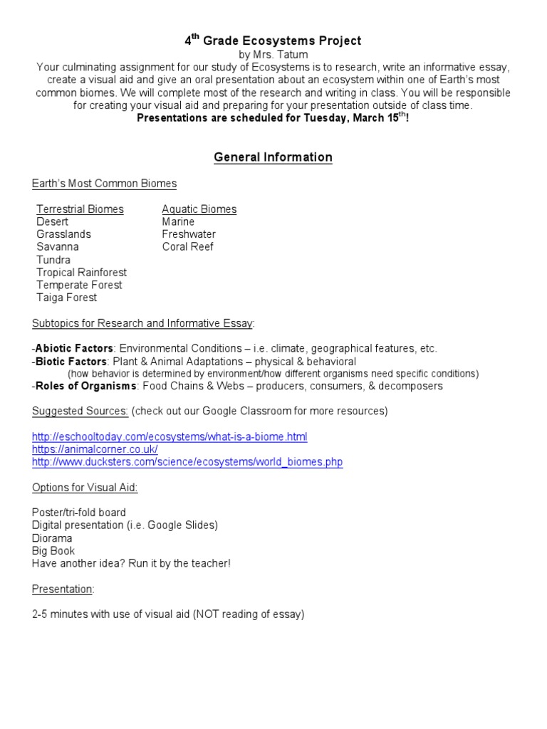 4th Grade Ecosystems Project | PDF | Paragraph | Ecosystem