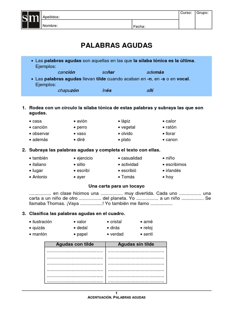 Ejercicio 1 Acentuación Palabras Agudas | PDF | Lingüística