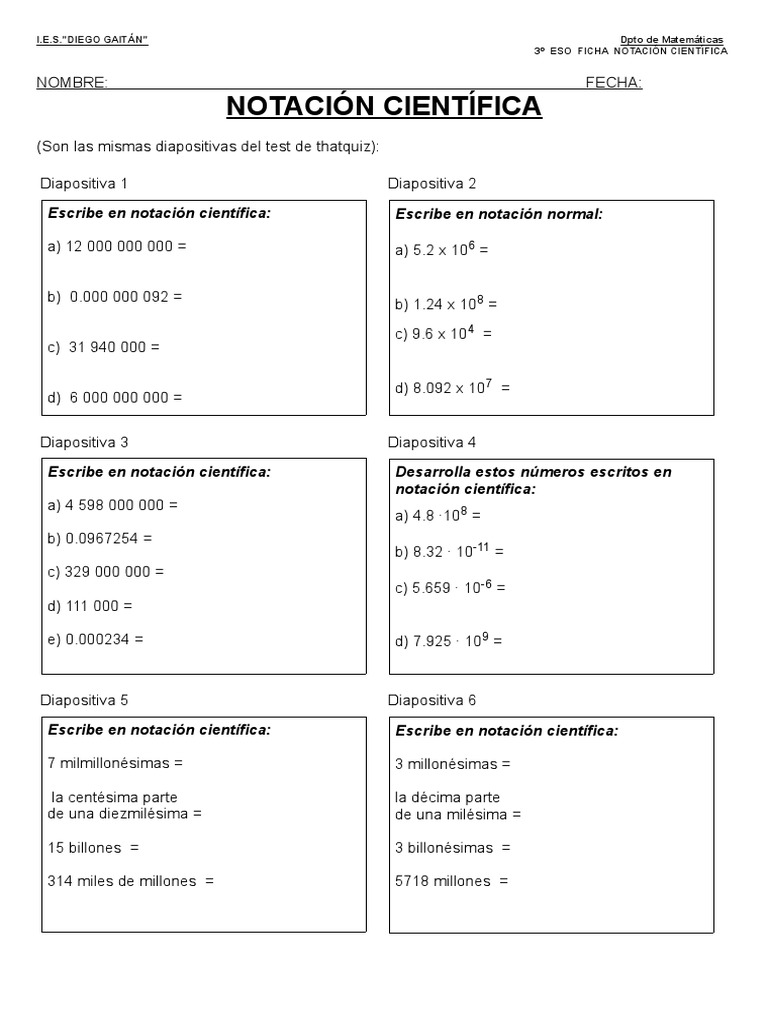 Ejercicios De Notación Científica 3º Eso Pdf