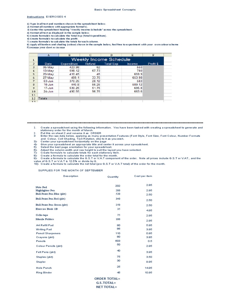Basic Spreadsheet Concepts Instructions EXERCISES 4: Order Total G.S.Total Net Total | PDF ...