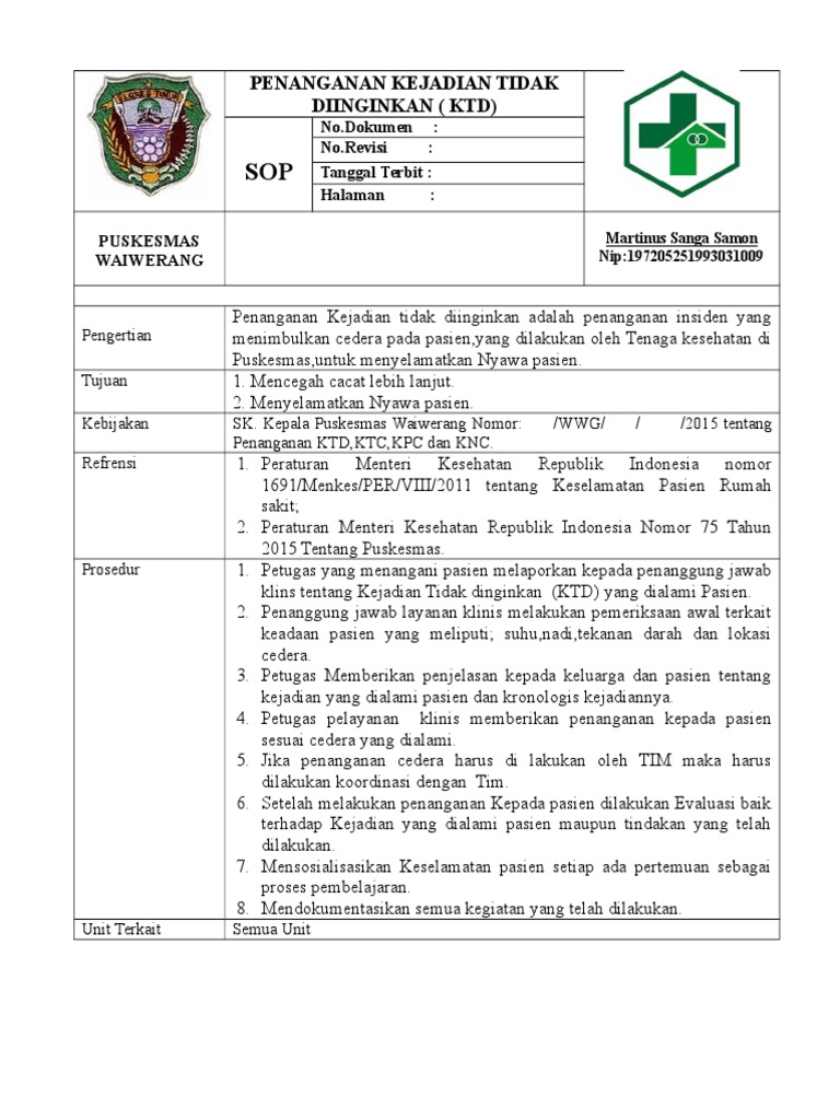 Sop Penanganan Kejadian Tidak Diinginkan (KTD) | PDF
